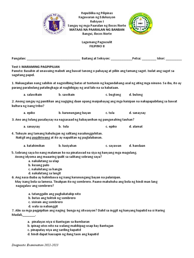 Filipino 8 - Diagnostic Test | PDF