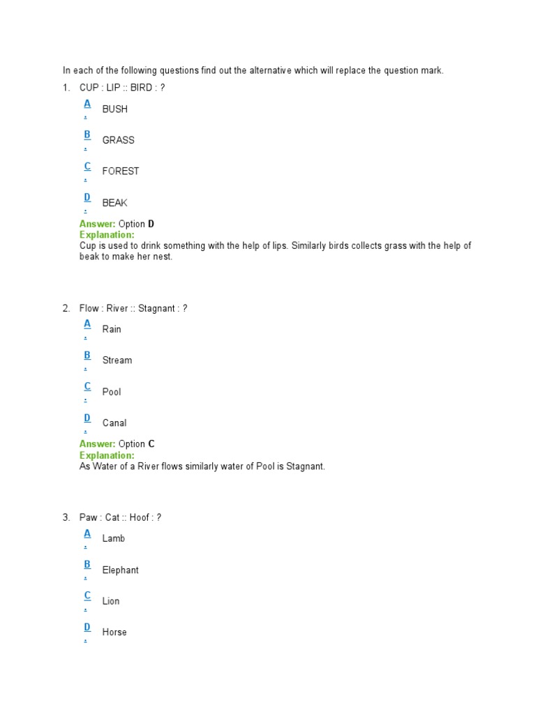 Analogy Quiz | PDF | Analogy
