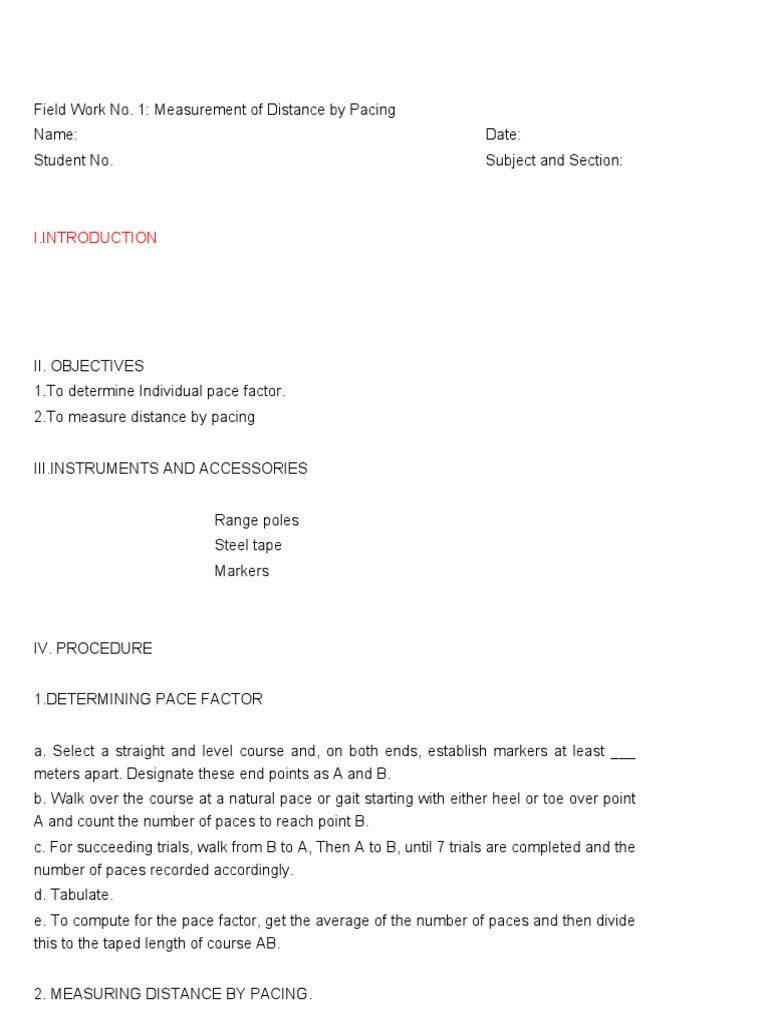 Field Work No. 1 Measurement of Distance by Pacing | PDF | Distance ...