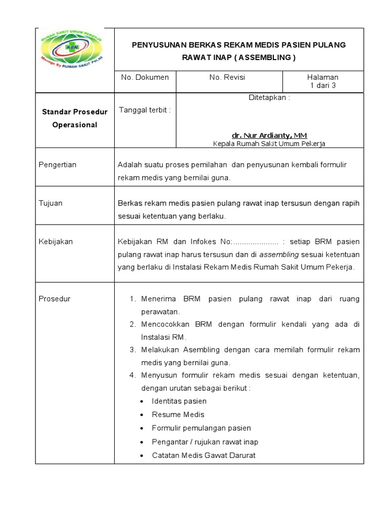Penyusunan Berkas Rekam Medis Pasien Pulang Rawat Inap (Assembling) (R ...