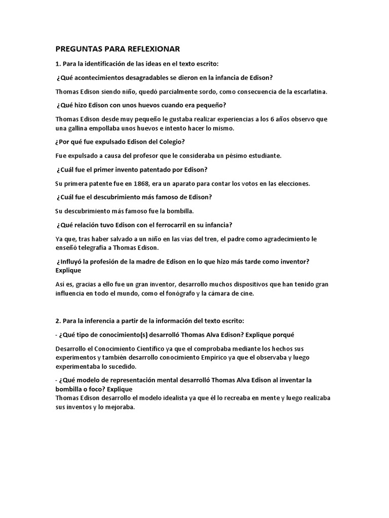 Control de Lectura - Thomas Alva Edison | PDF