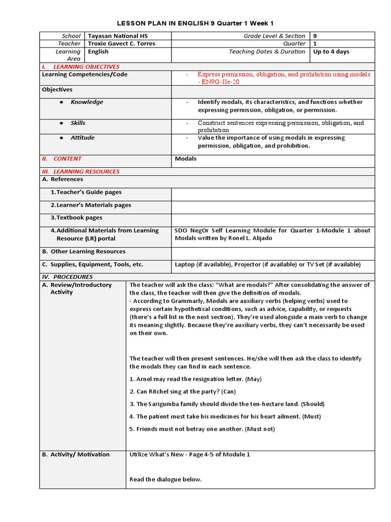G9 Q1 Week1 Modals | PDF | Learning | Linguistics