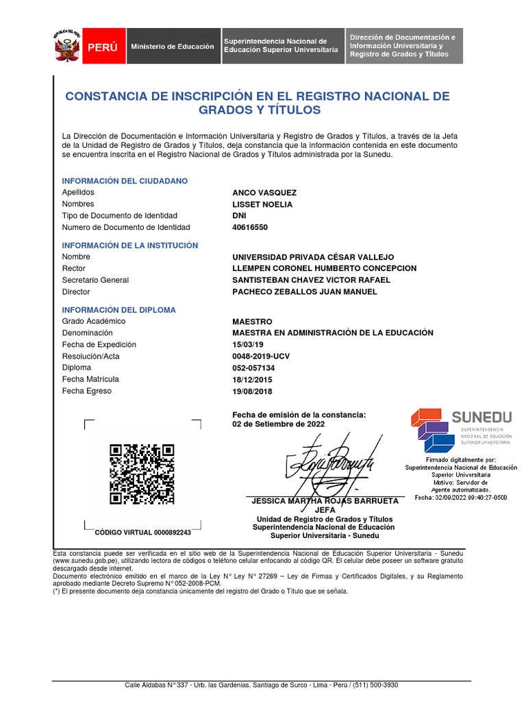 Constancia de Título Universitario Sunedu | PDF
