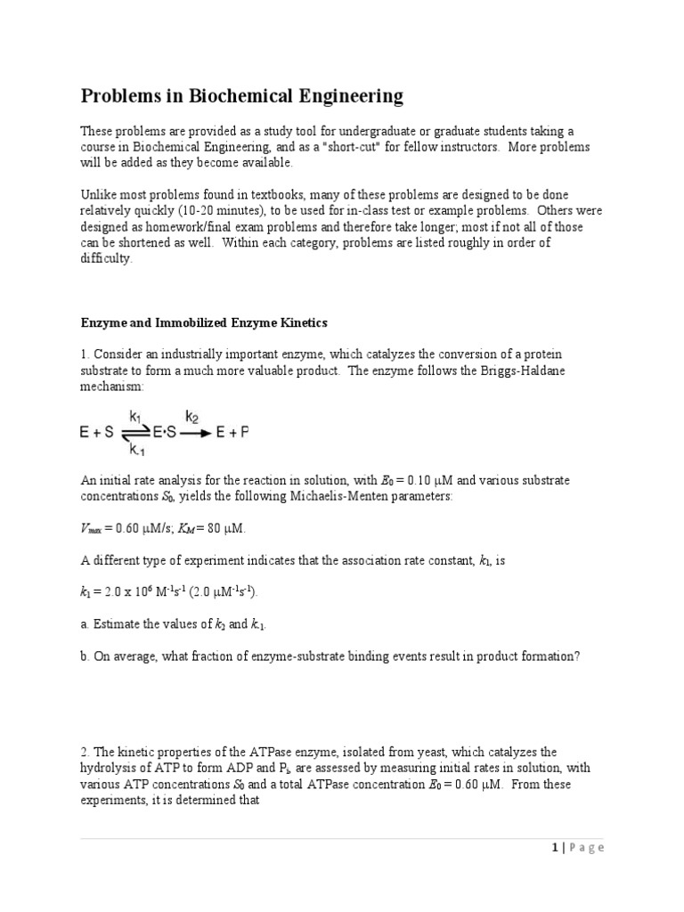 Biochem Eng Problems | PDF | Enzyme Kinetics | Enzyme