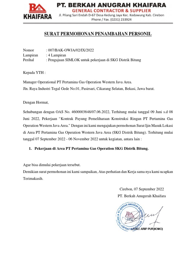 Surat Permohonan Penambahan Personil-1 | PDF