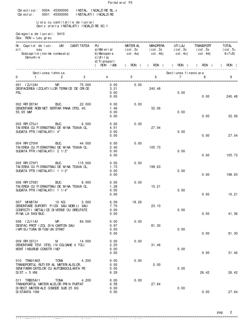 Deviz Pe Instalatii Exemplu | PDF