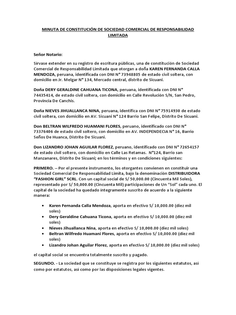 Minuta de Constitución de Sociedad Comercial de Responsabilidad Limitada | PDF | Bancos | Economias