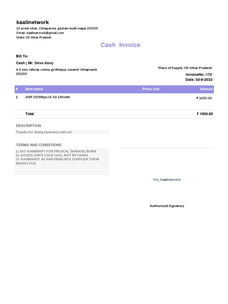 Cash Invoice: Kaalinetwork | PDF