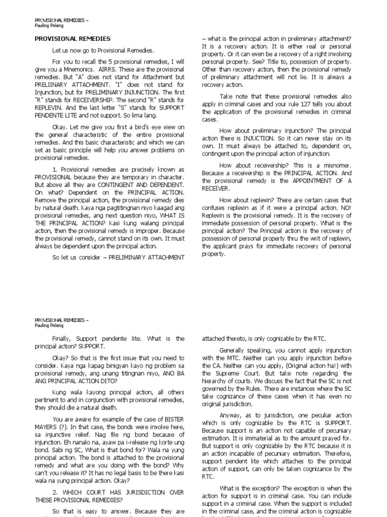 1 PROVISIONAL REMEDIES - Full Transcript | PDF | Injunction | Judgment (Law)