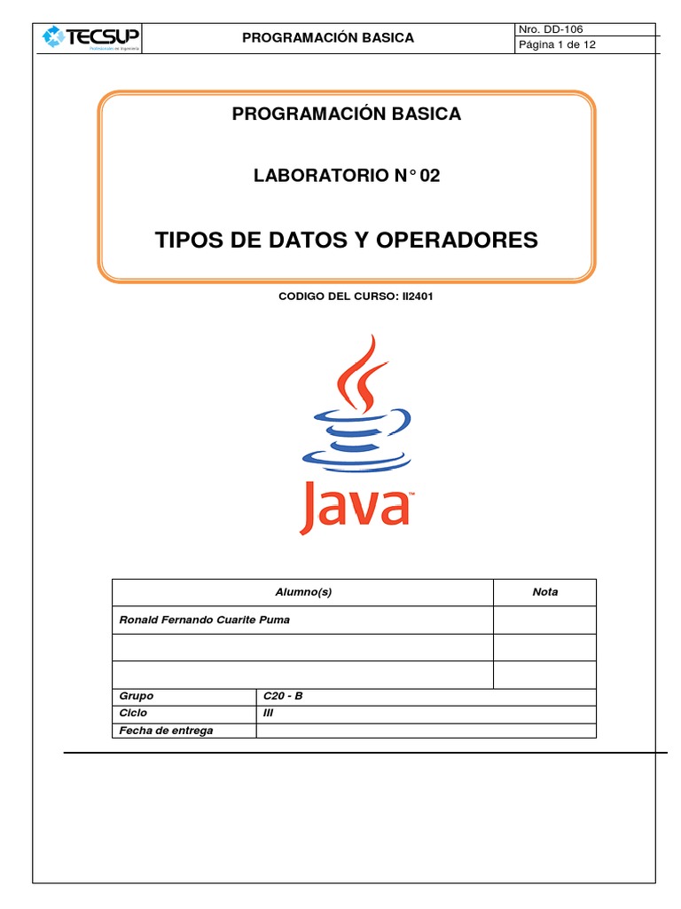 Lab 02 - Tipos de Datos y Operadores | PDF | Tipo de datos | Java ...
