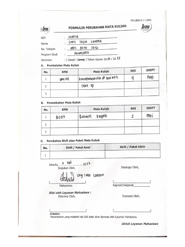 Formulir Perubahan Mata Kuliah | PDF