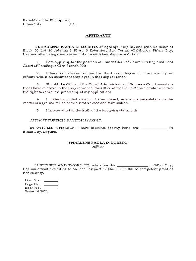 Sworn Affidavit of No Relatives | PDF