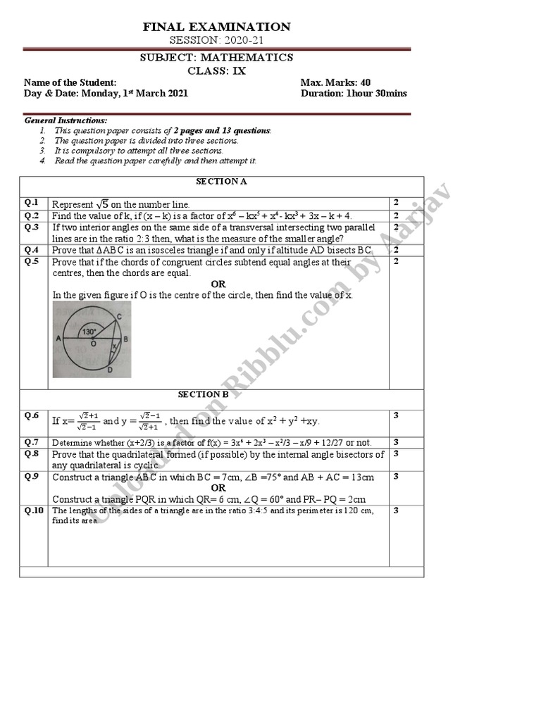 Class 9 Maths Question Paper Final Exam 2021 | PDF | Triangle | Area