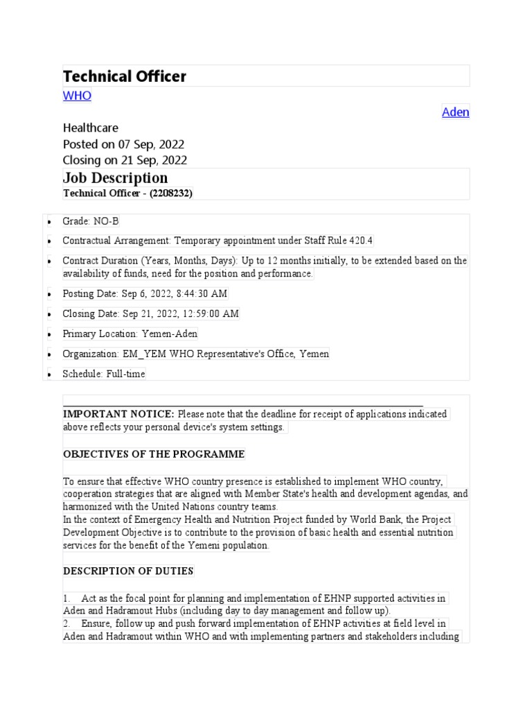 Technical Officer WHO. | PDF | World Health Organization | Academic Degree