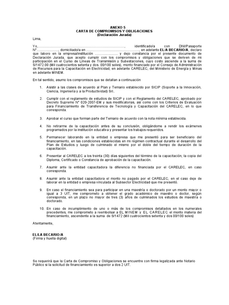 Formato Anexo 5 - Carta de Compromiso y Obligaciones | PDF
