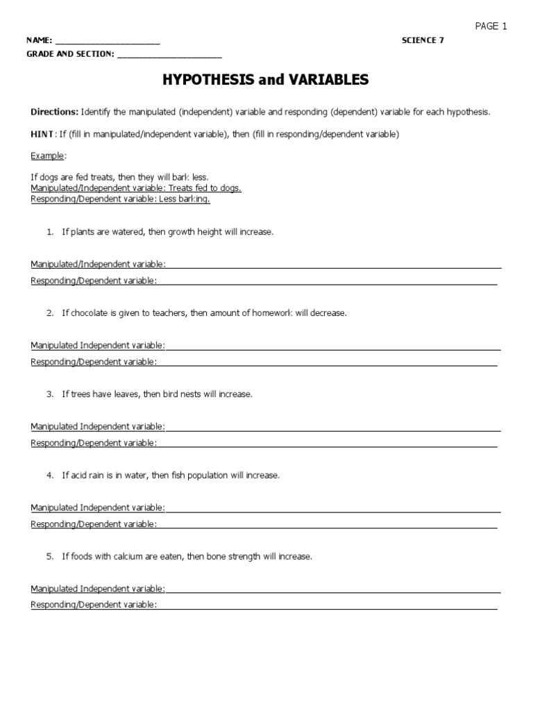 ASSIGNMENT - WORKSHEET - Hypothesis and Variables Worksheet 2. | PDF ...