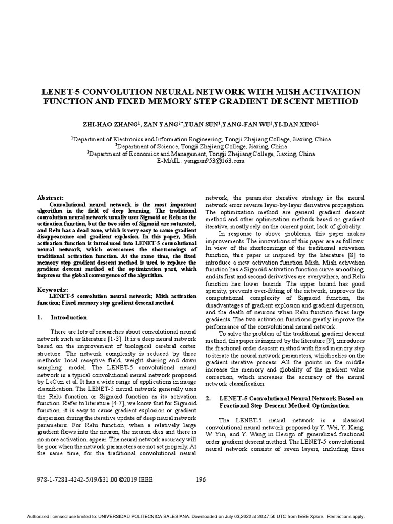 Lenet 5 Convolution Neural Network With Mish Activation Function And Fixed Memory Step Gradient 