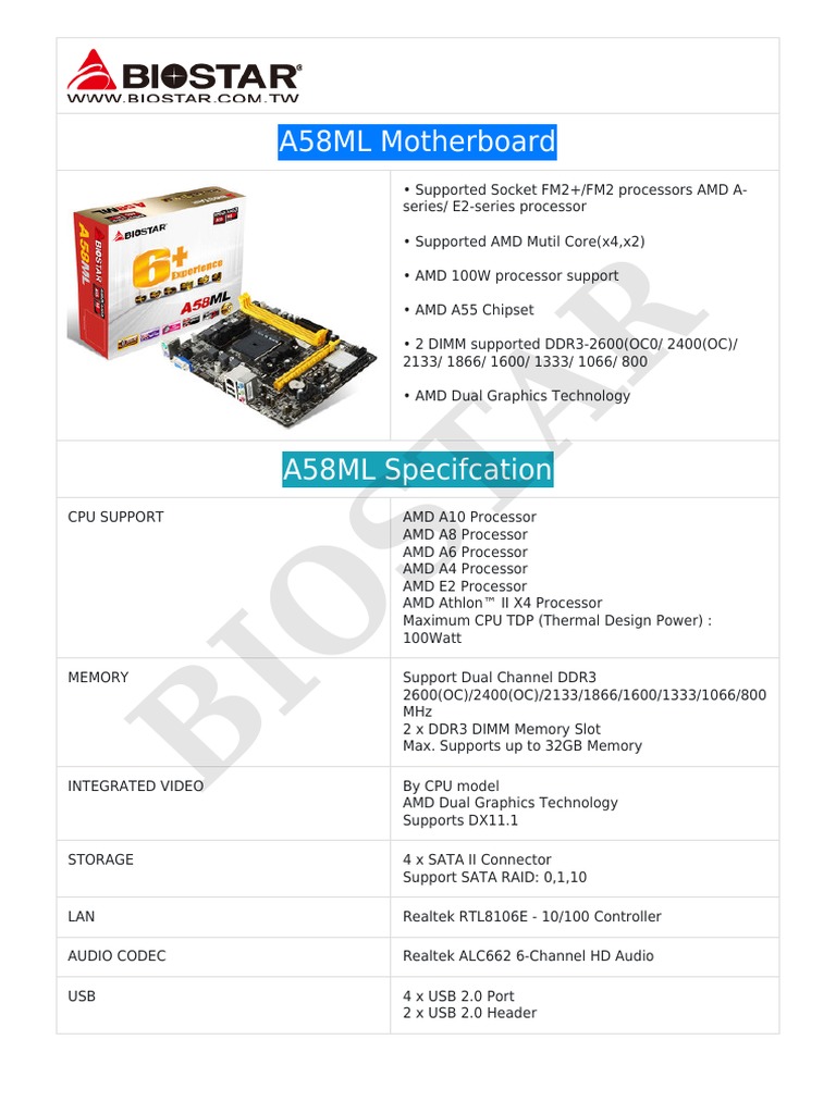 Biostar A58ml Spec | PDF | Advanced Micro Devices | Electrostatic Discharge