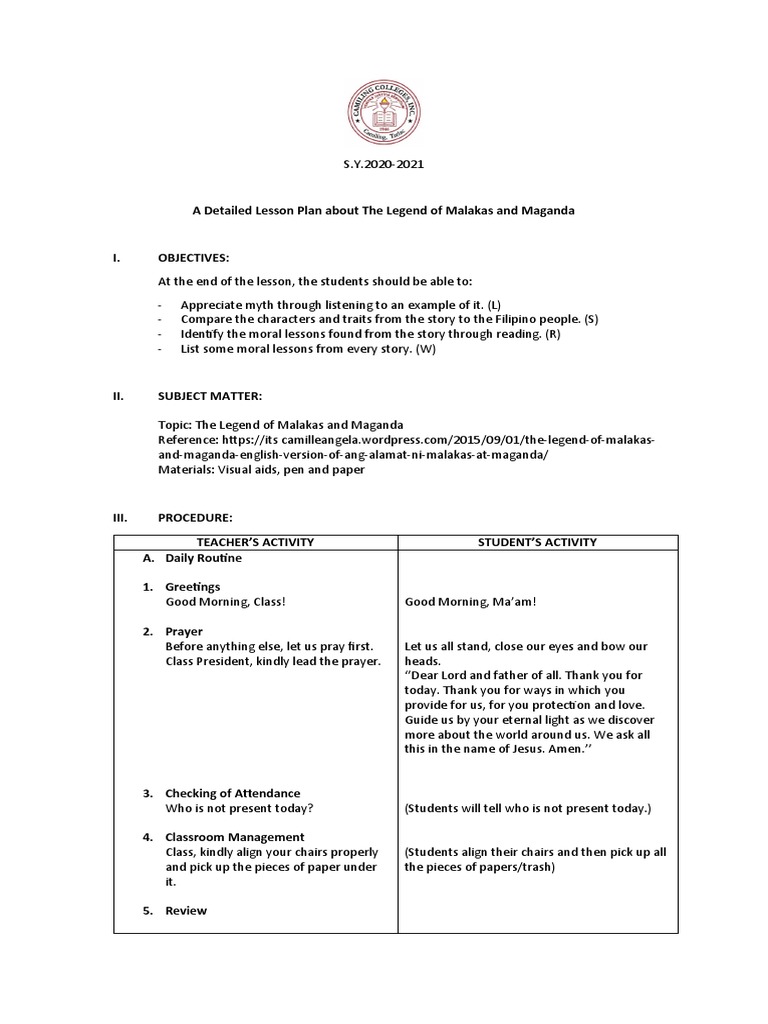 A Detailed Lesson Plan About The Legend of Malakas and Maganda (3 ...