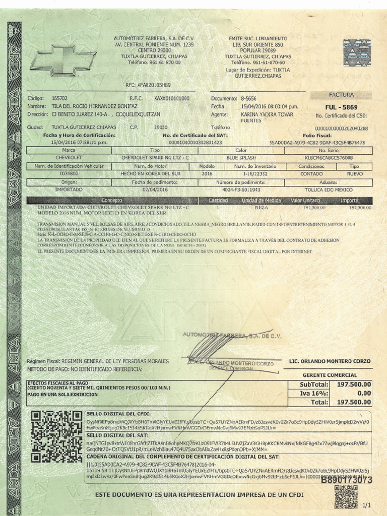 Factura Hoja Amda Spark 2016 | PDF