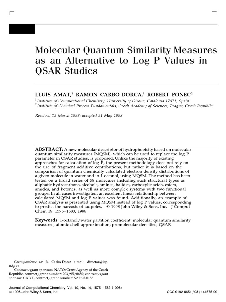 Molecular Quantum Similarity Measures As An Alternative To Log P Values in QSAR Studies | PDF ...