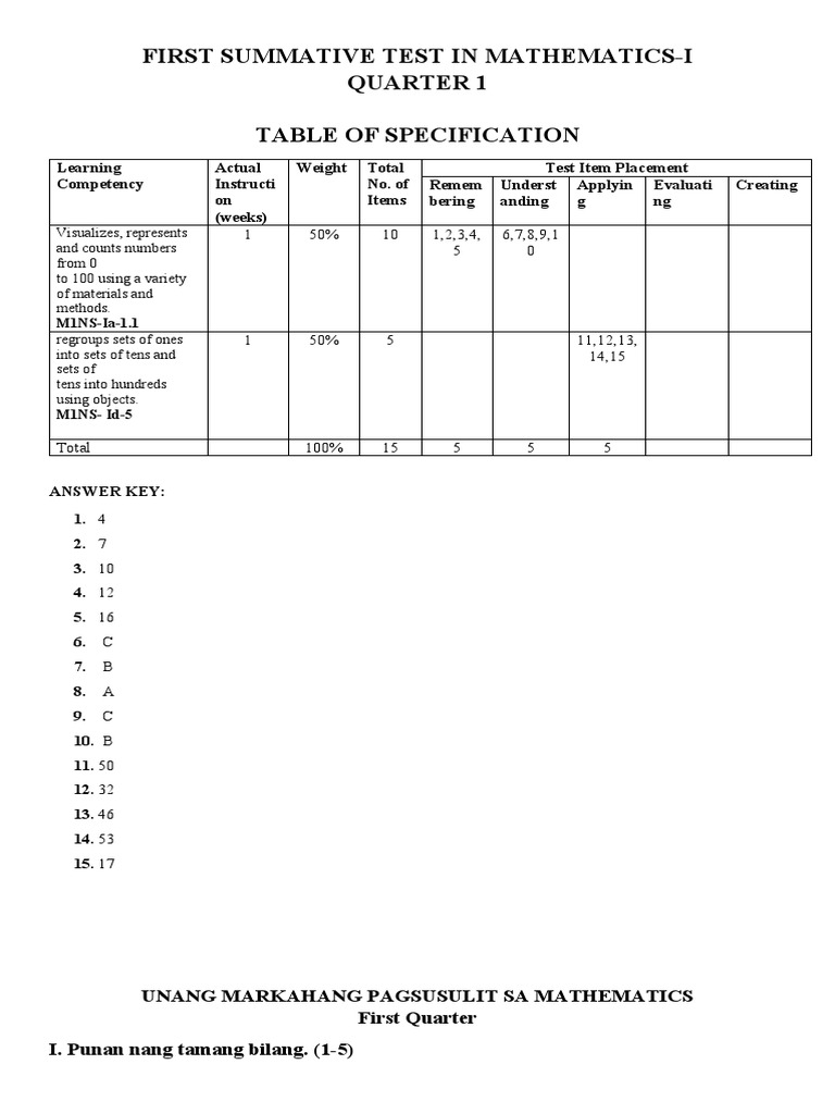 Q1 Math Sum - Test 1 | PDF
