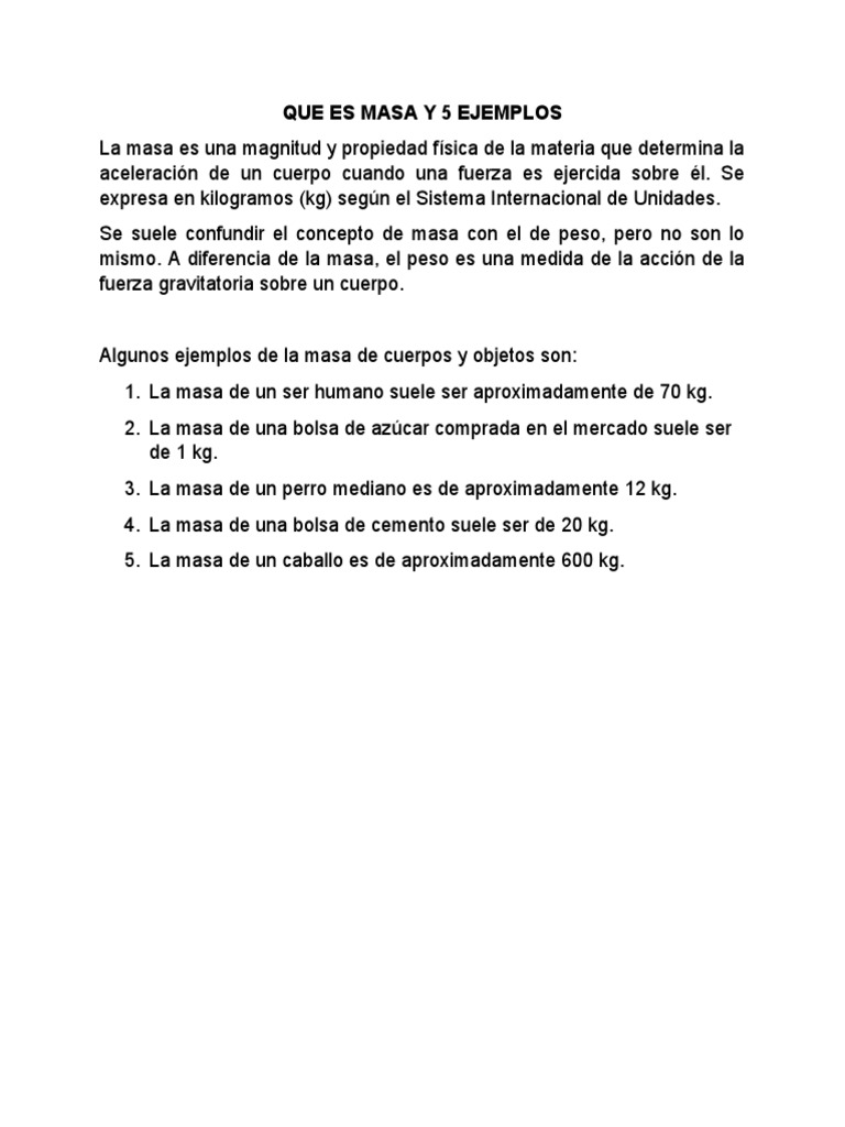 Masa: Definición y 5 Ejemplos | PDF | Masa | Volumen