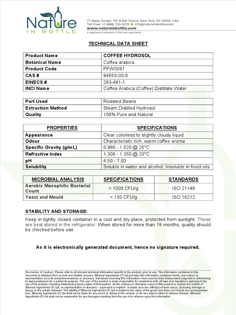 CoffeeHydrosol TDS | PDF | Information | Coffee
