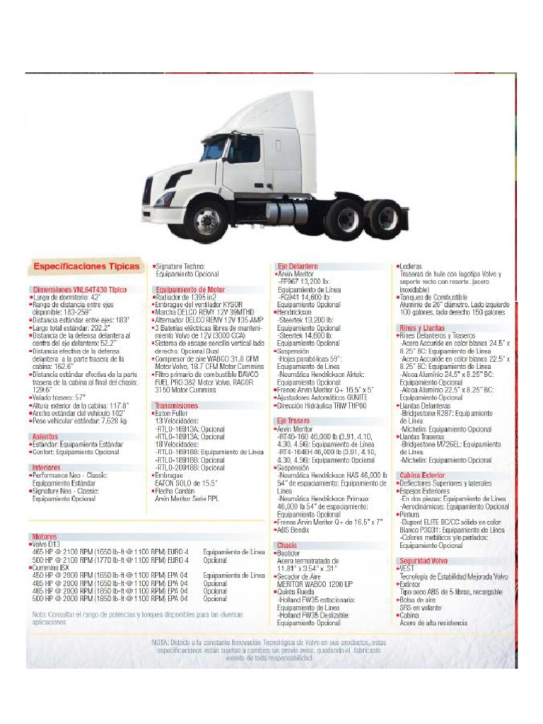 Ficha Tecnica VNL 430-Volvo | PDF
