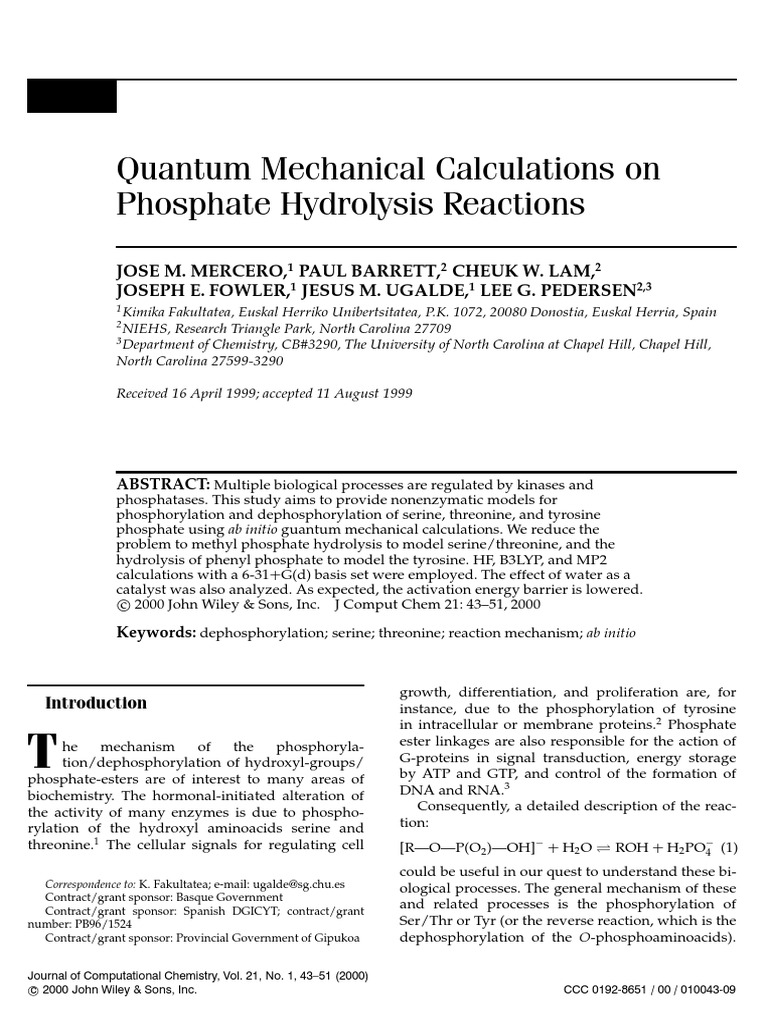 Quantum Mechanical Calculations On Phosphate Hydrolysis Reactions (Journal of Computational ...