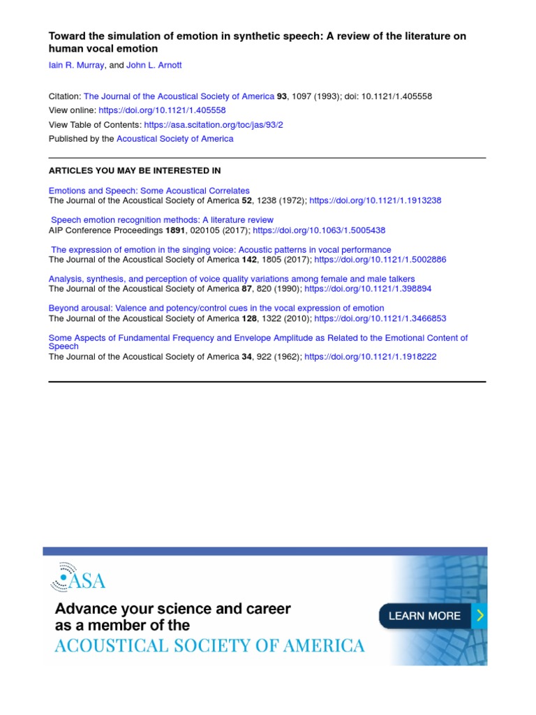Murray 1993 Toward The Simulation of Emotion in | PDF | Emotions ...