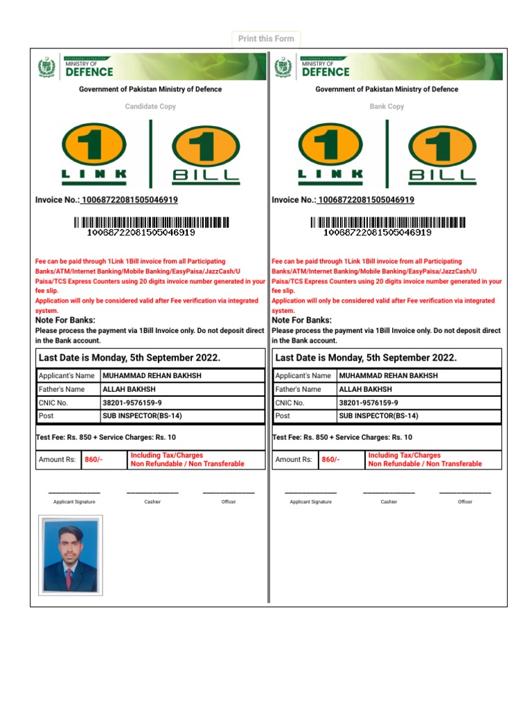 MOD Fee Payment Challan Form | PDF | Fee | Banks