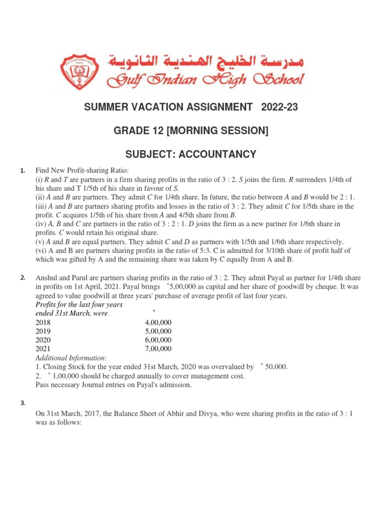 12 Accounts Summer Vacation Assignment 2022-23 | PDF | Balance Sheet ...