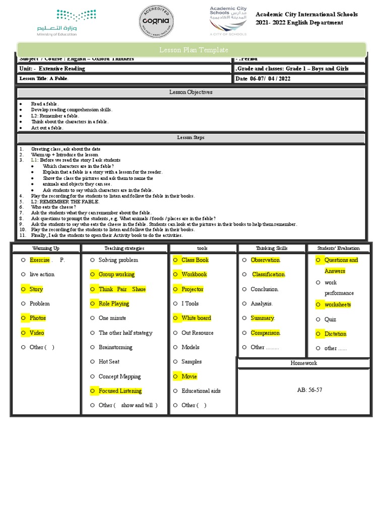 English U0 Reading 2 Fable Lesson Plan Grade 1 | PDF | Lesson Plan ...