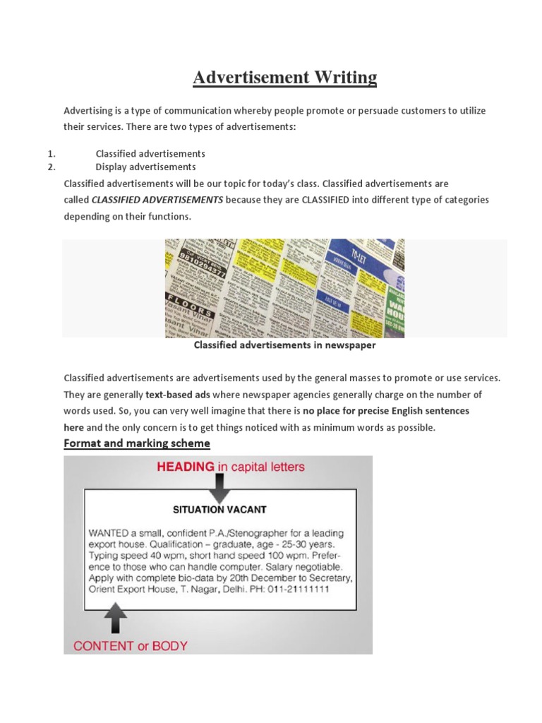 Advertisement Writing | PDF | Advertising | Newspapers