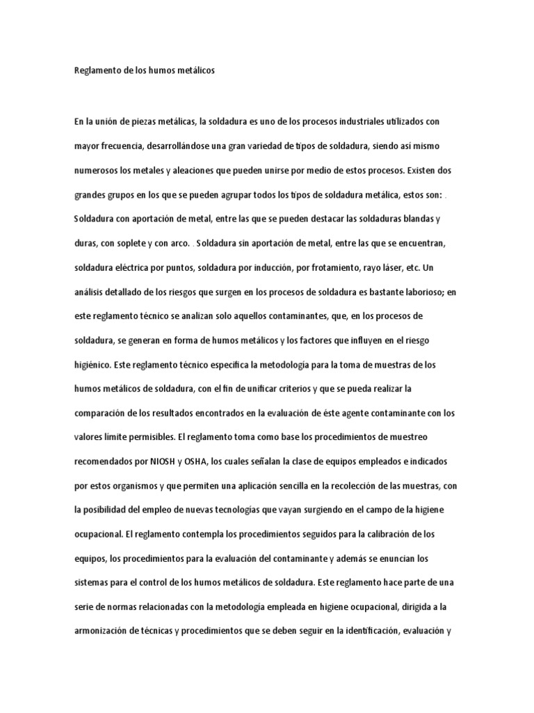Reglamento de Los Humos Metálicos | PDF | Soldadura | Construcción