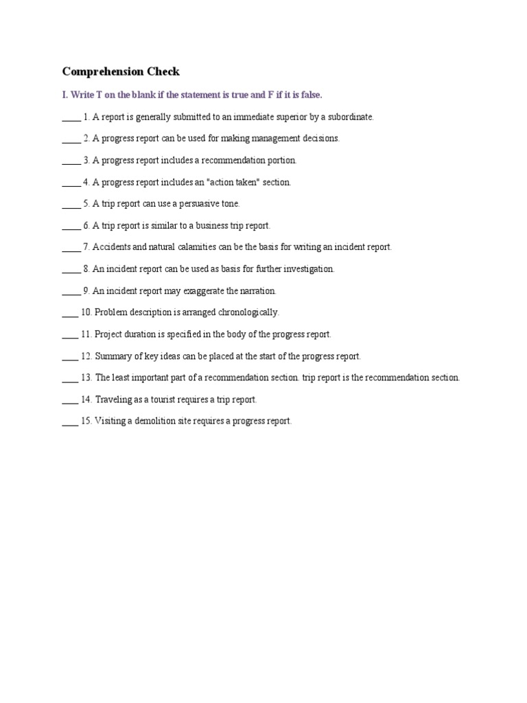 Report Types Comprehension Quiz | PDF | Career & Growth