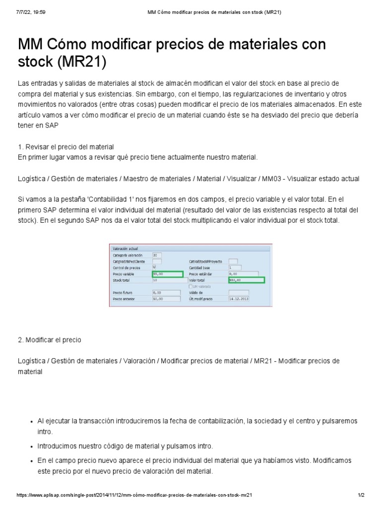 MM Cómo Modificar Precios de Materiales Con Stock (MR21) | PDF