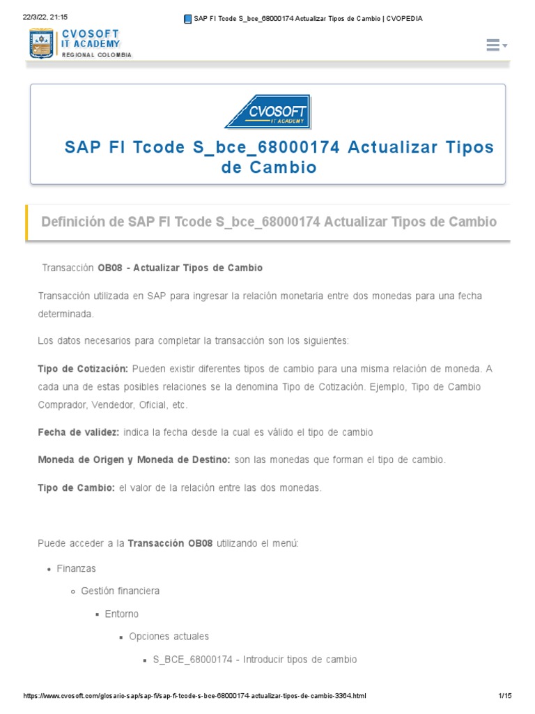  SAP FI Tcode S Bce 68000174 Actualizar Tipos De Cambio CVOPEDIA