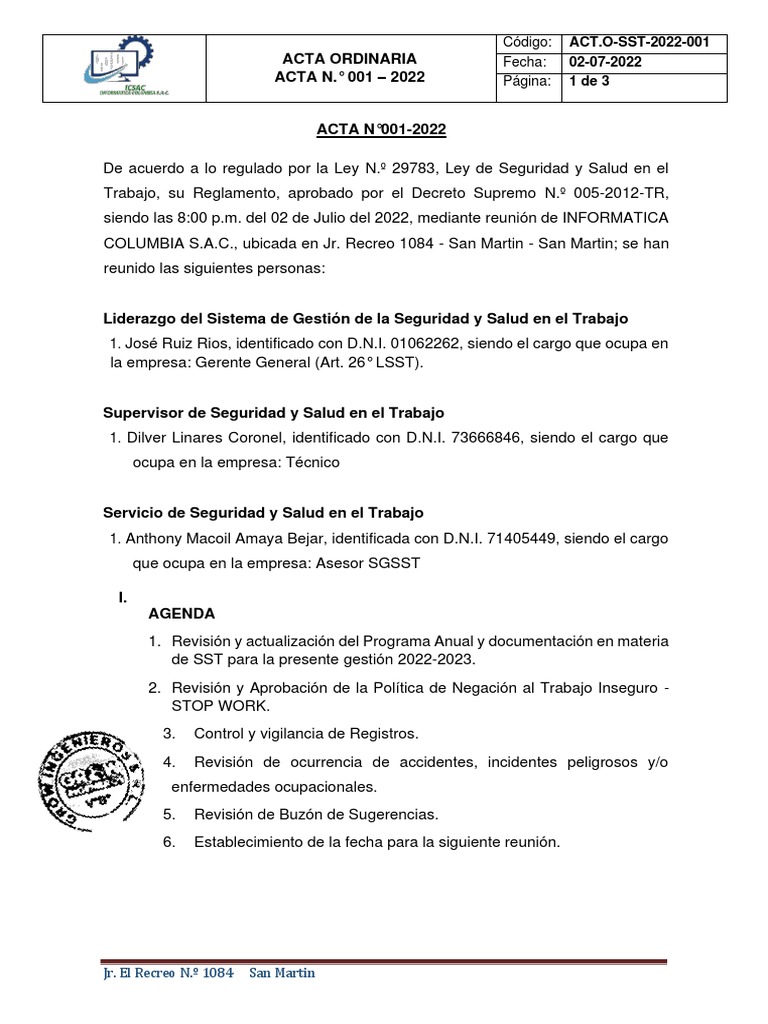 IC - ACT.o - SST-2022-001 Acta de Reunión Del Mes de JULIO | PDF