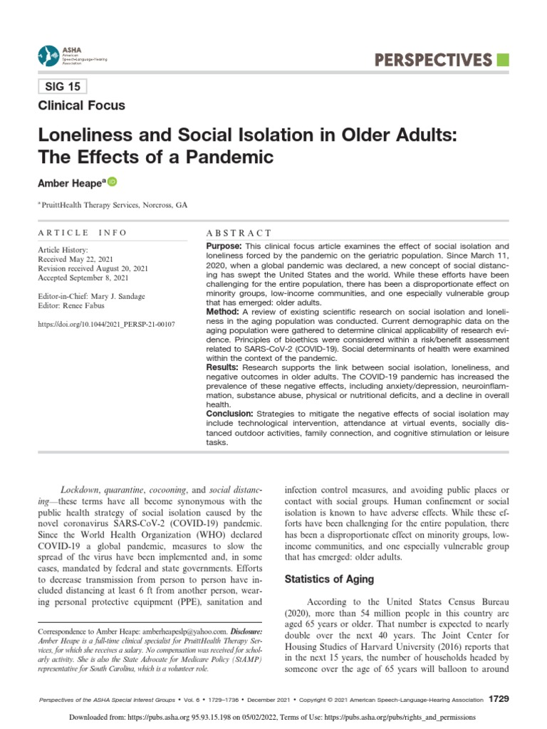 Loneliness and Social Isolation in Older Adults-The Effects of A Pandemic | PDF | Substance ...