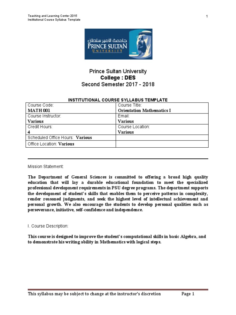 PSU MATH 001 Course Syllabus 2018 | PDF | Equations | Polynomial