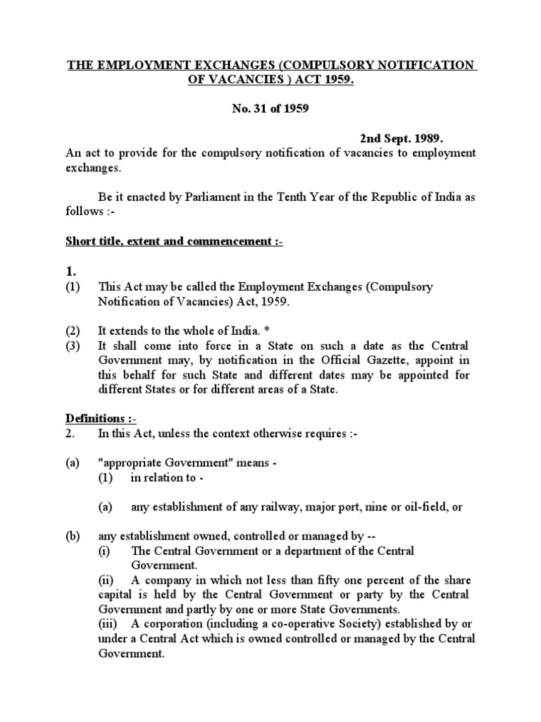 The Employment Exchanges (Compulsory Notification of Vacancies) Act ...