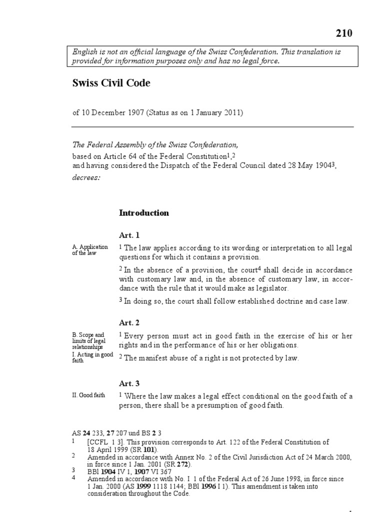 Swiss Civil Code | PDF | Legal Personality | Evidence (Law)