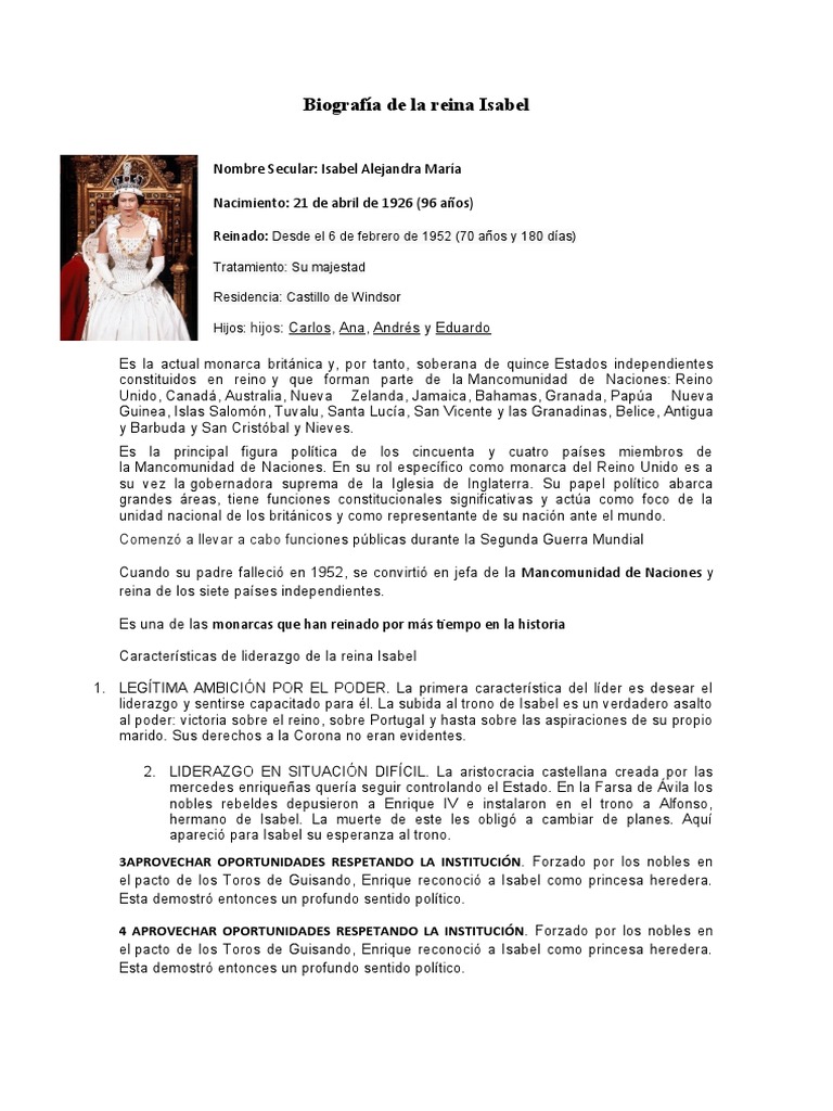 Biografía de La Reina Isabel | PDF | Elizabeth Ii | Mancomunidad ...