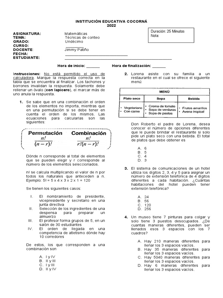 3 Prueba 11 Tecnicas de Conteo 2022 | PDF
