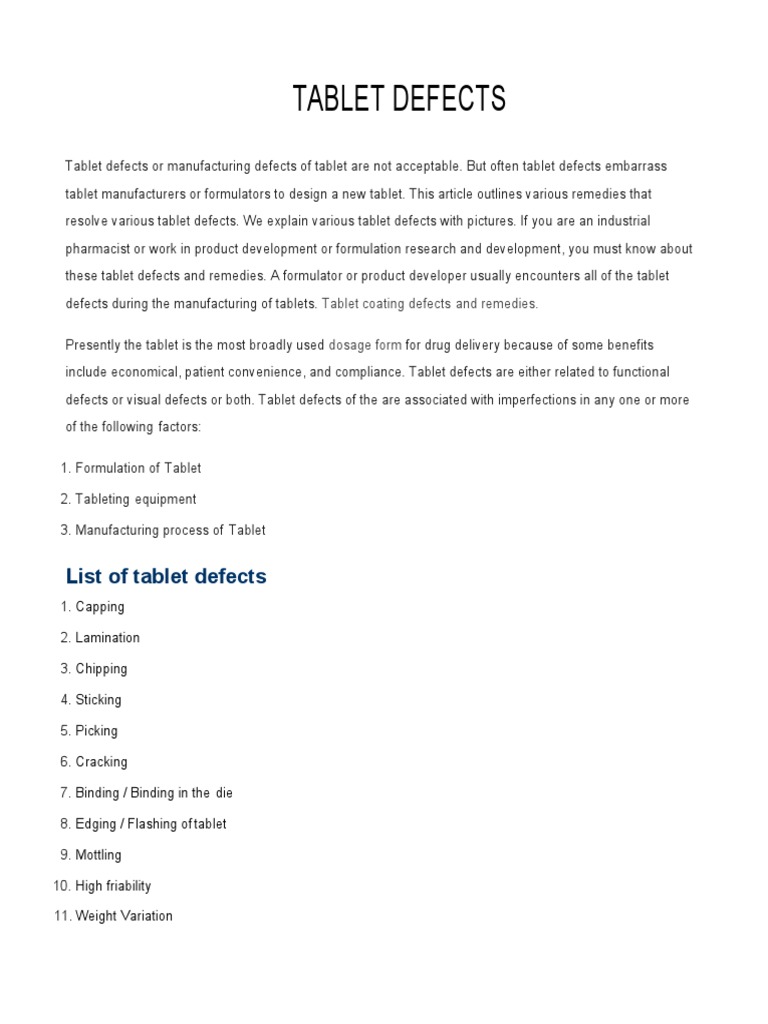 Tablet Defects and Remedies Guide | PDF | Tablet (Pharmacy) | Process ...