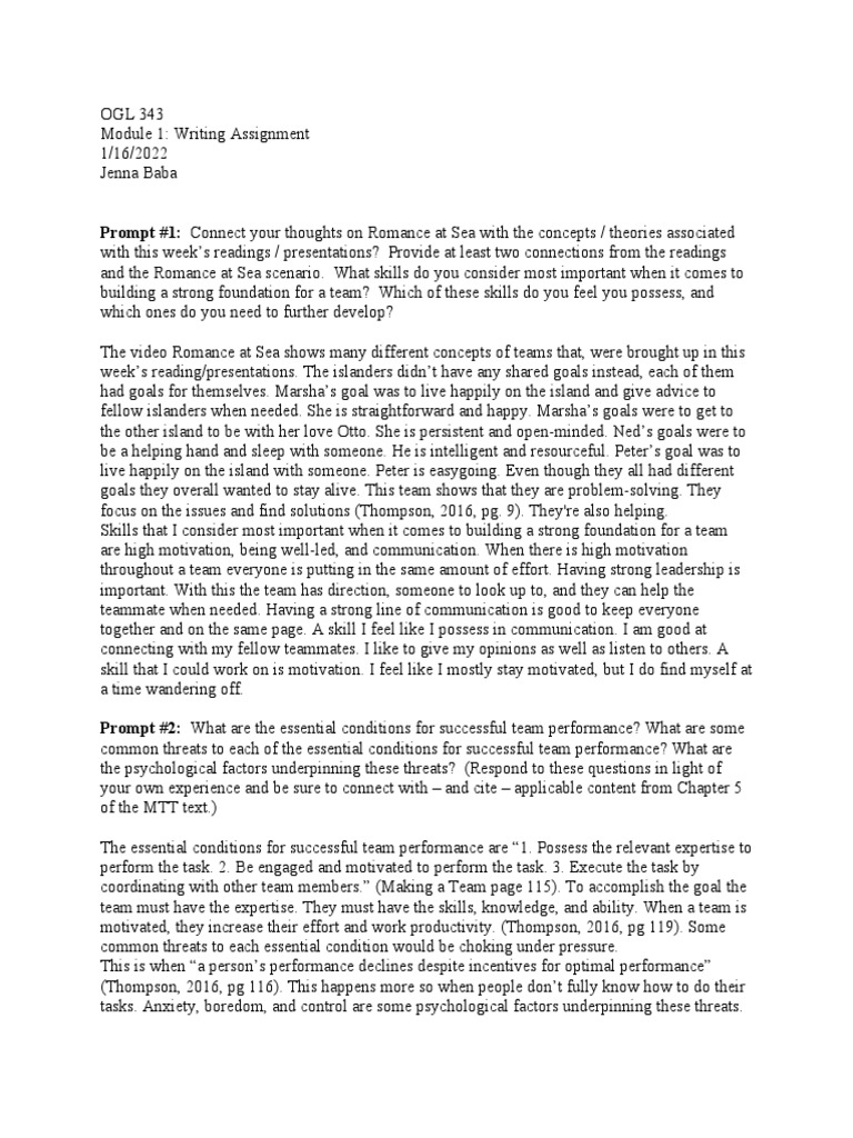 Ogl 343 Module 1 - Writing Assignment | PDF | Goal | Social Psychology