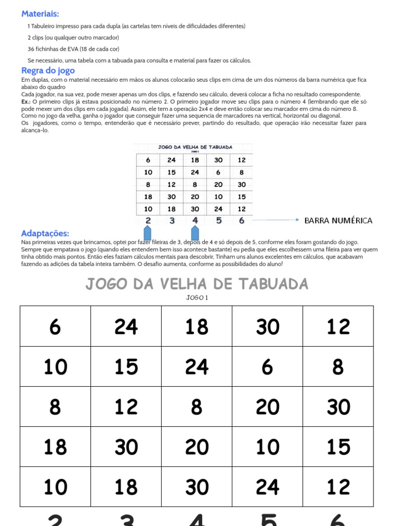 Jogo Da Velha de Tabuada | PDF