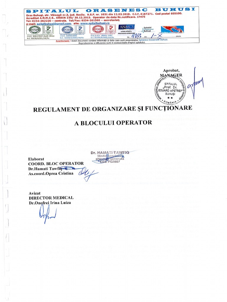 Regulament de Organizare Si Functionare A Blocului Operator | PDF